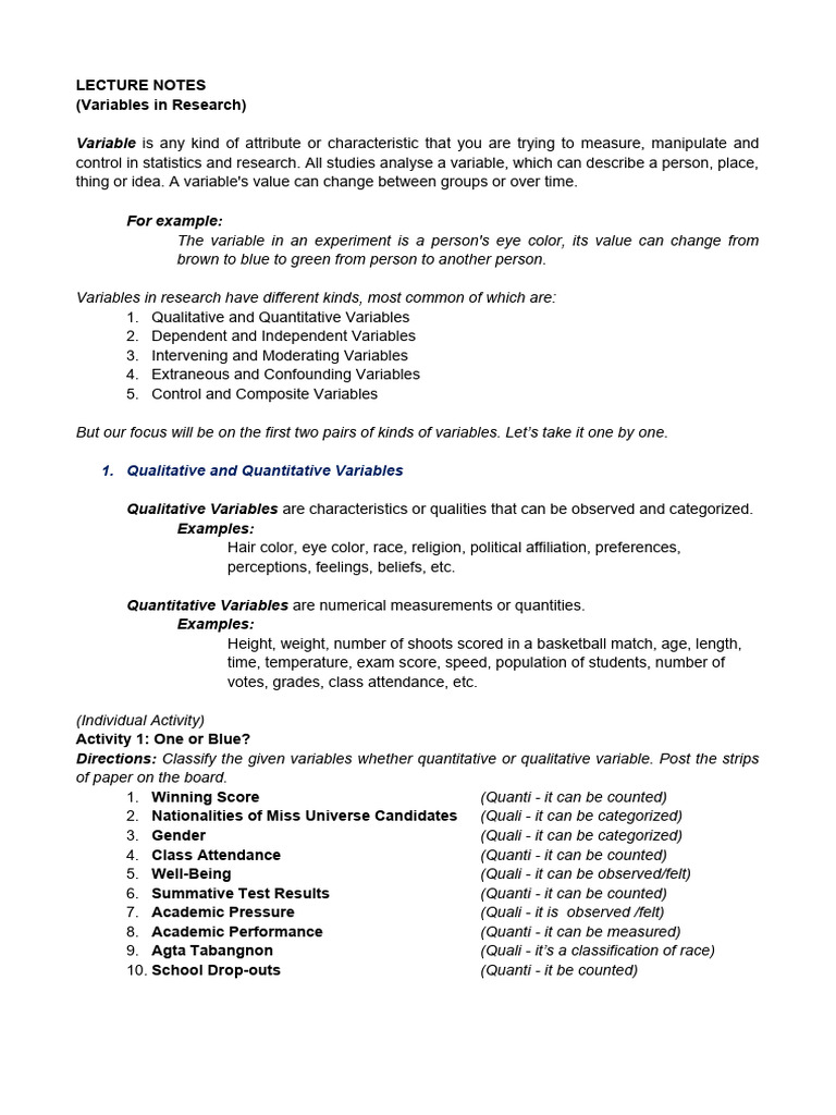 LECTURE NOTES (Types of Variables) | PDF | Dependent And Independent ... LECTURE NOTES (Types of Variables) | PDF | Dependent And Independent ...