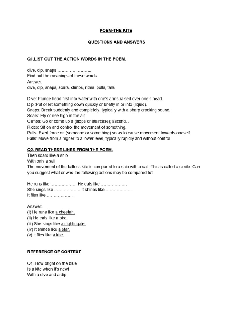 QS& Ans POEM - THE KITE | PDF | Language Arts & Discipline | History QS& Ans POEM - THE KITE | PDF | Language Arts & Discipline | History