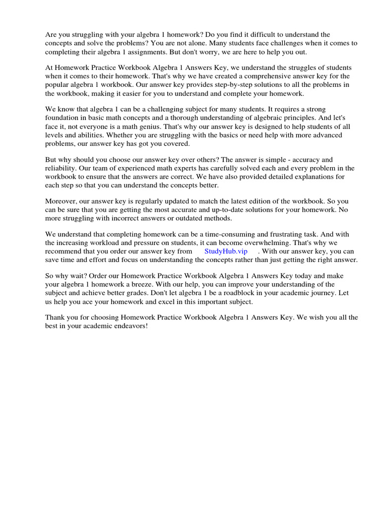 Homework Practice Workbook Algebra 1 Answers Key | PDF | Mathematics ...