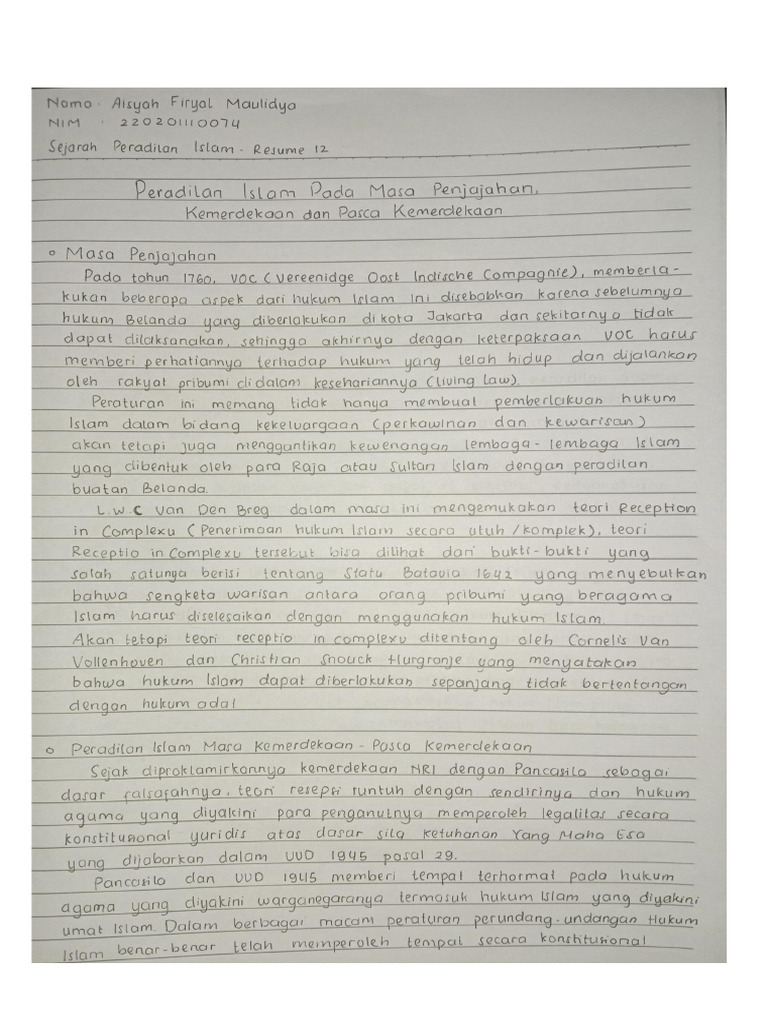 Resume 12 - Peradilan Islam Pada Masa Penjajahan Kemerdekaan Dan Pasca Kemerdekaan (Aisyah ...