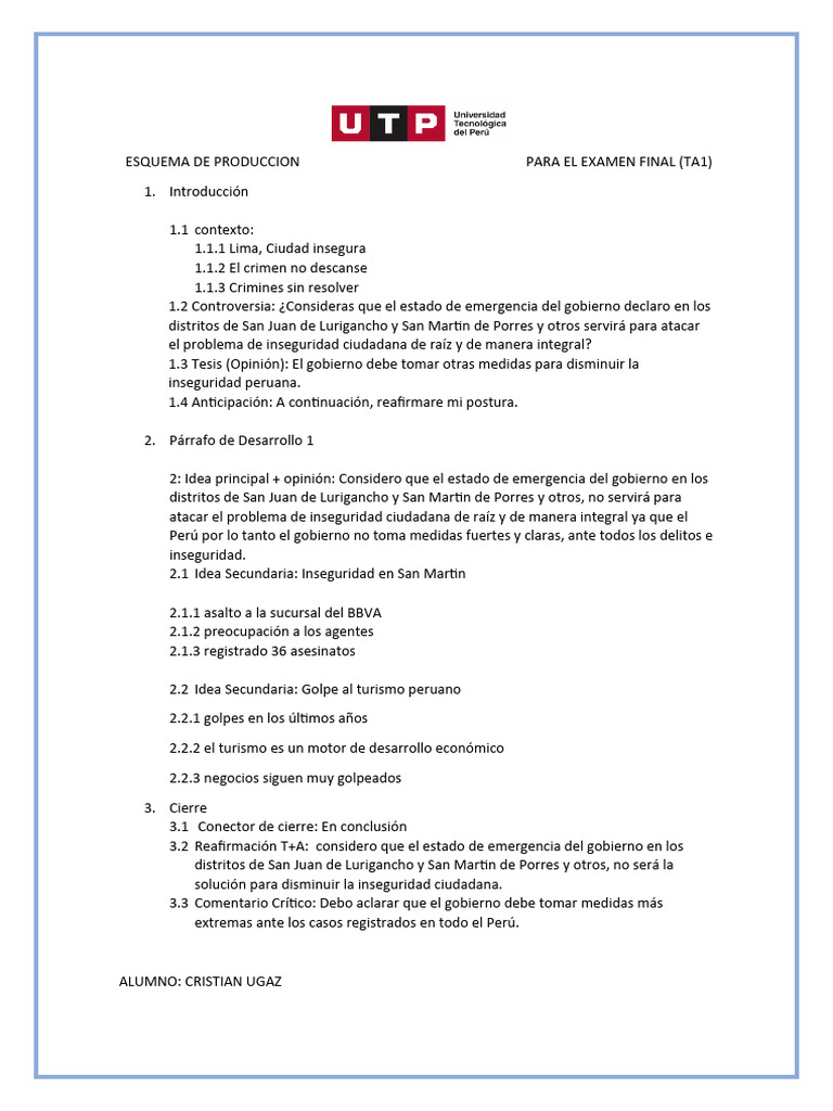 Esquema de Produccion para El Examen Final - Cristian Ugaz | PDF Esquema de Produccion para El Examen Final - Cristian Ugaz | PDF