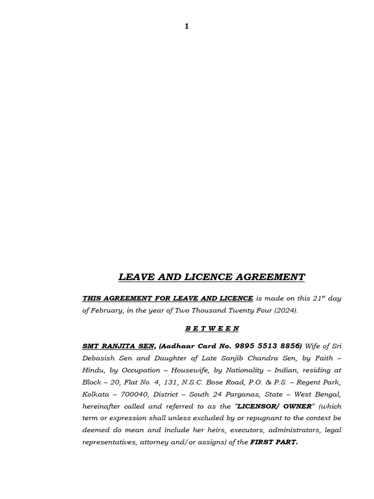 LEAVE AND LICENCE AGREEMENT Ranjita Rupak at Laltu Da | PDF | License | Lease