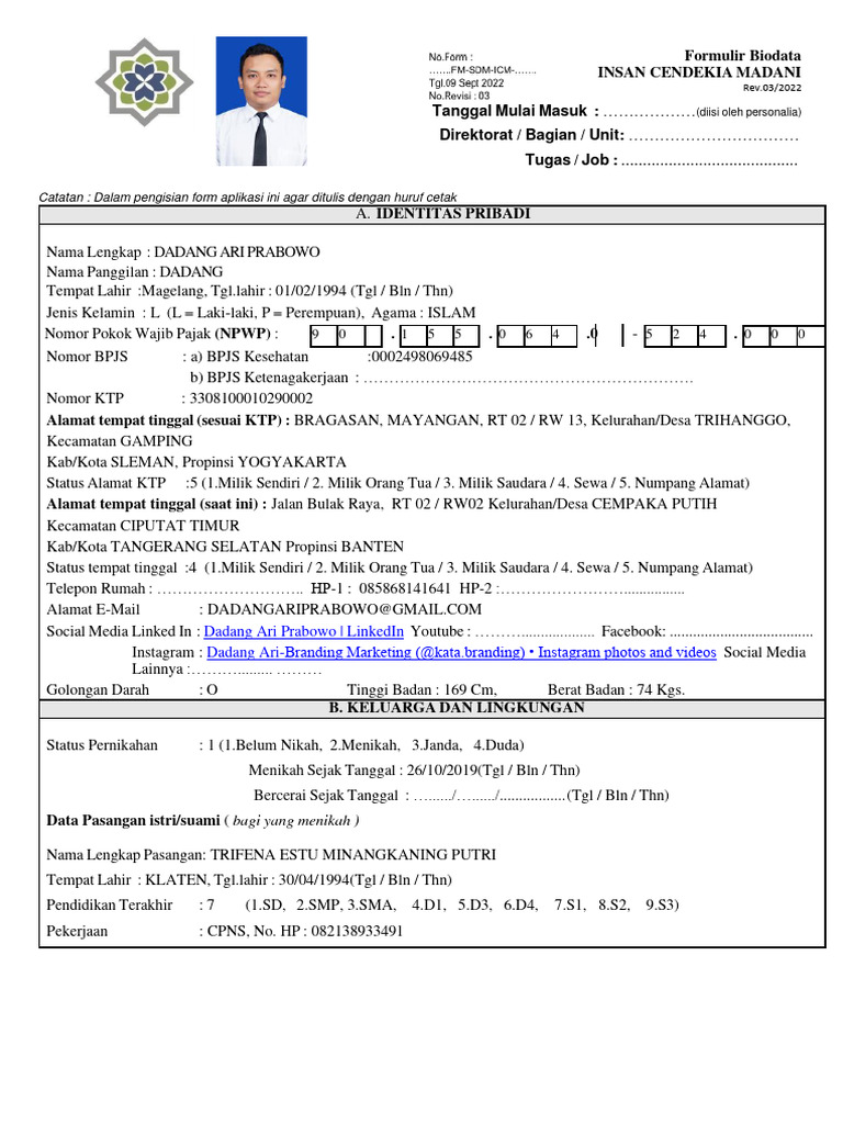 Form Biodata Calon Pegawai Icm 2021 | PDF