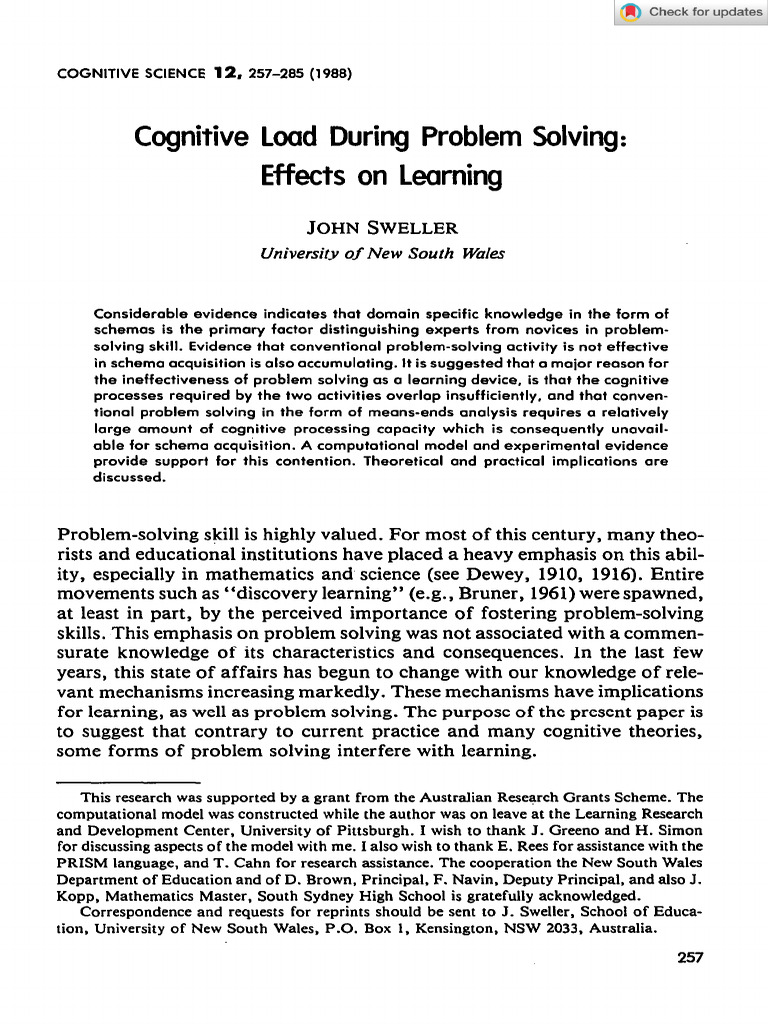 Sweller - Cognitive Load During Problem Solving Effects On Learning | PDF | Expert | Equations