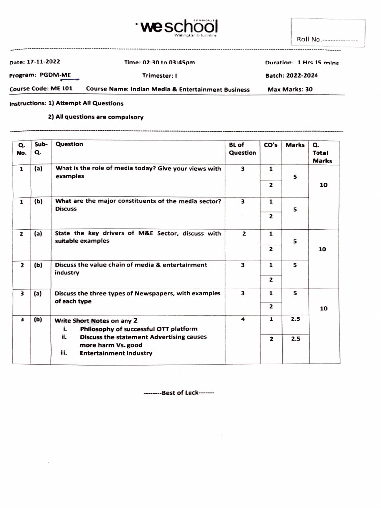 MEB ME PYQPs | PDF | Mass Media