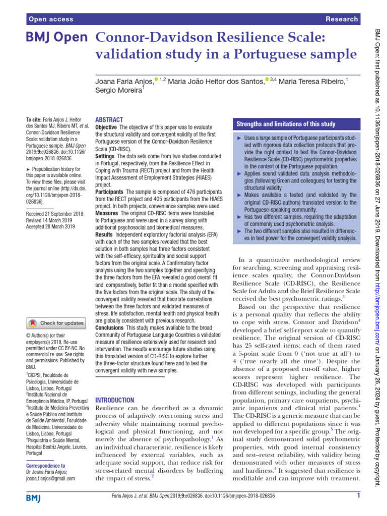 Anjos - Connor-Davidson Resilience Scale: Validation Study in A ...