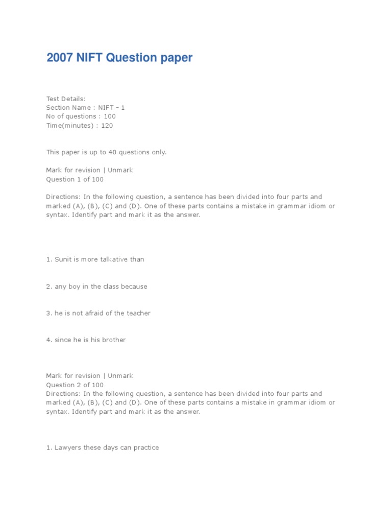 2007 NIFT Question Paper | PDF