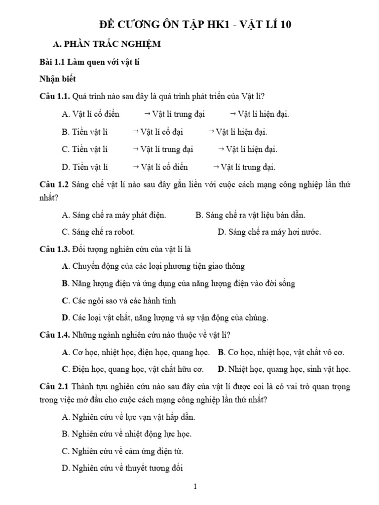 De Cuong On Tap Hoc Ki 1 Mon Vat Ly 10 Chan Troi Sang Tao | PDF