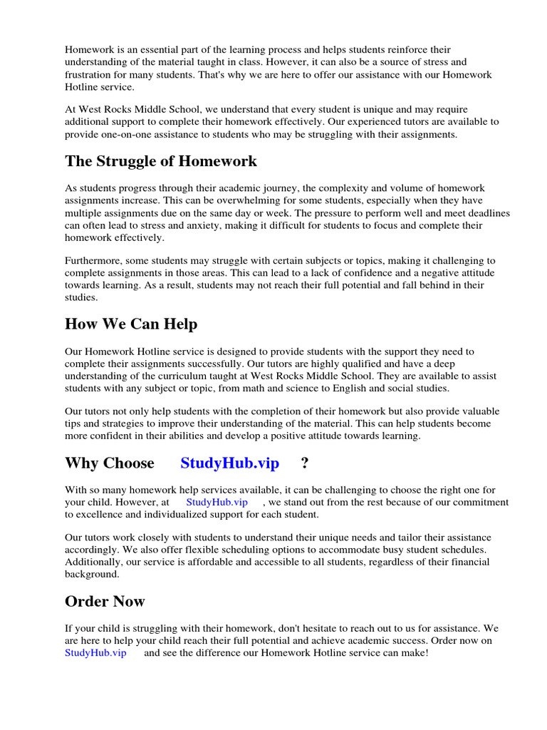 West Rocks Middle School Homework Hotline | PDF | Homework | Middle Schools
