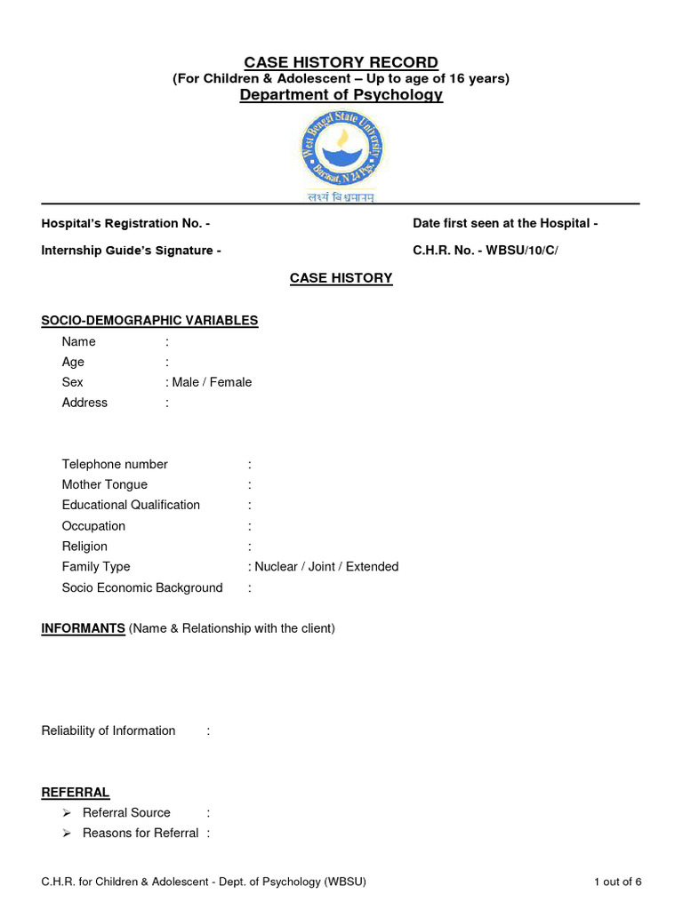 Child Adolescent Case History Record | PDF | Mental Disorder | Psychology