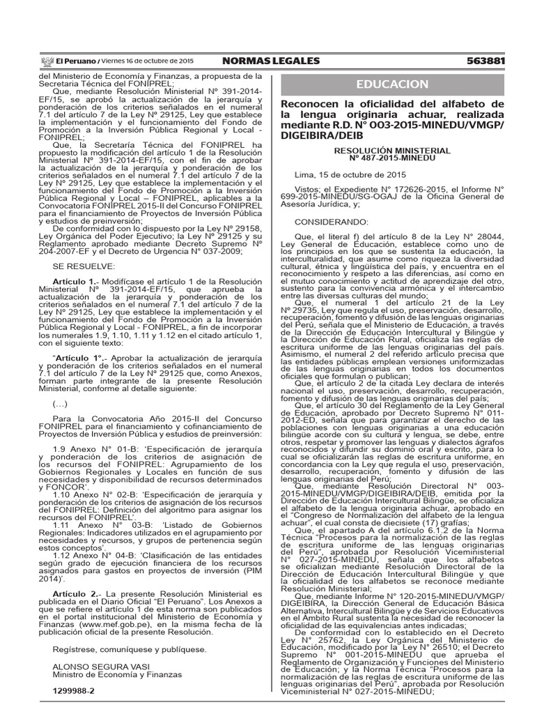 Achuar RM 487-2015-MINEDU - El Peruano | PDF | Ministerio (Departamento de Gobierno) | Perú