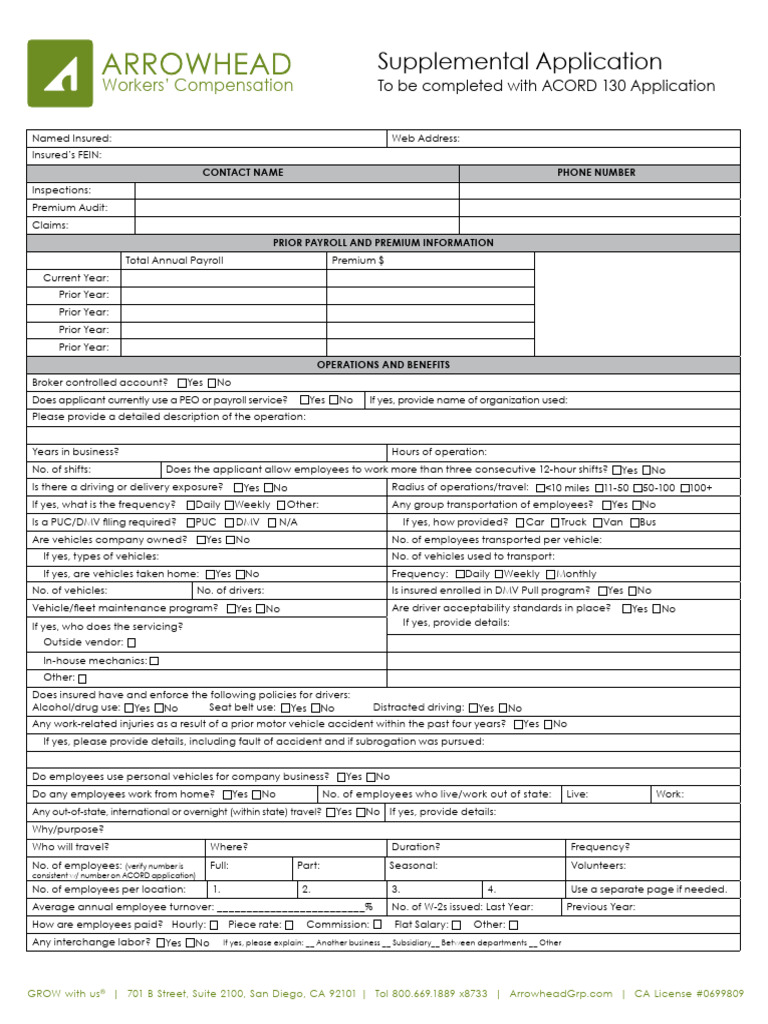 Arrowhead Supplemental Application - Automotive Services WC | PDF ...