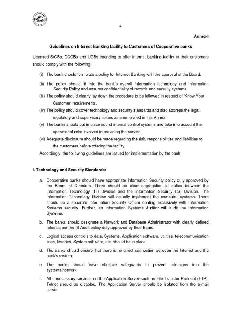 Annex-I Guidelines On Internet Banking Facility To Customers of Cooperative Banks | Download ...