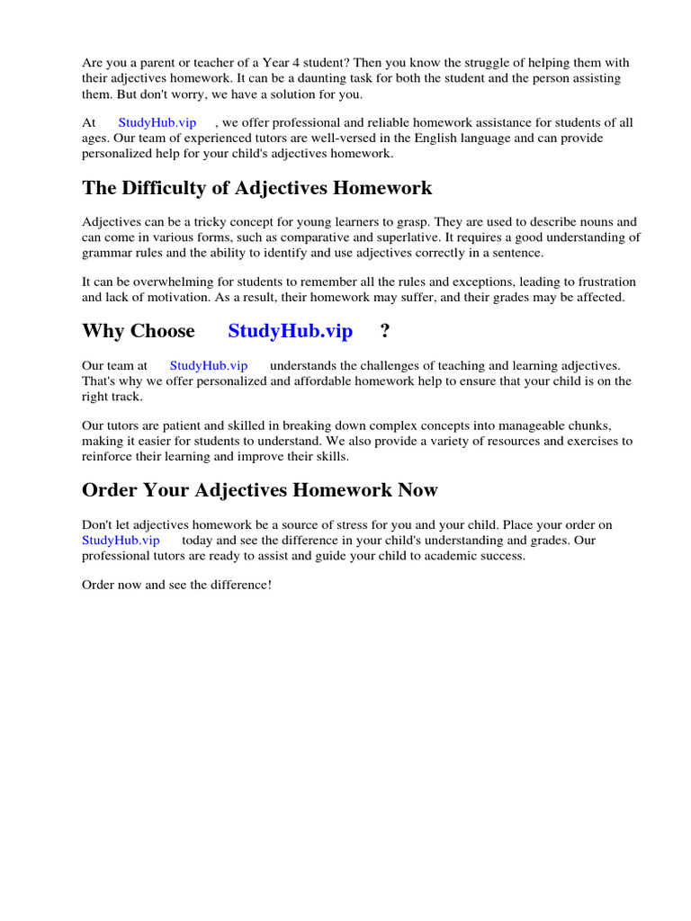 Adjectives Homework Sheet Year 4 | PDF | Adjective | Homework