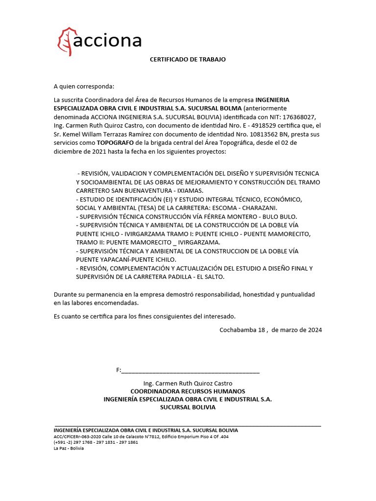 Certificado de Trabajo | PDF | Ingeniero civil | Ingeniería