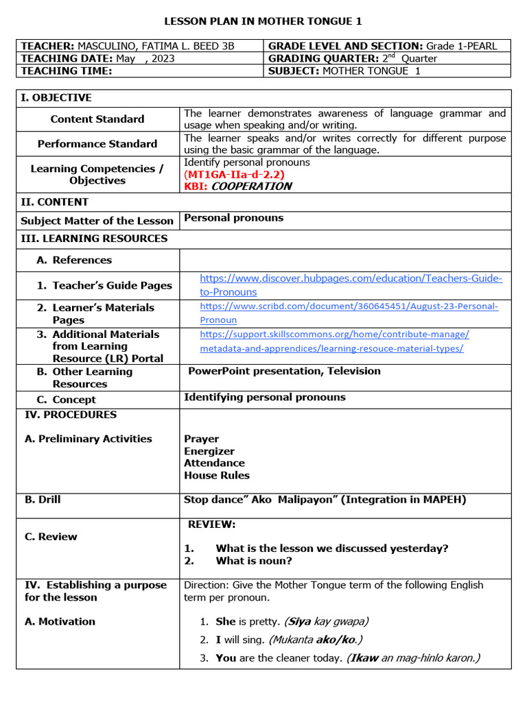 MT Lesson Plan 2 | PDF | Learning | Lesson Plan