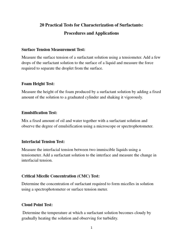 20 Practical Tests for Characterization of Surfactants Procedures and ...