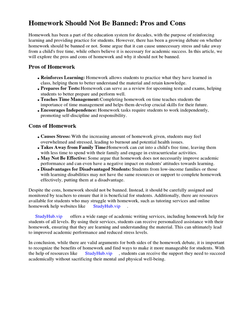 Homework Should Not Be Banned Pros and Cons | PDF | Homework