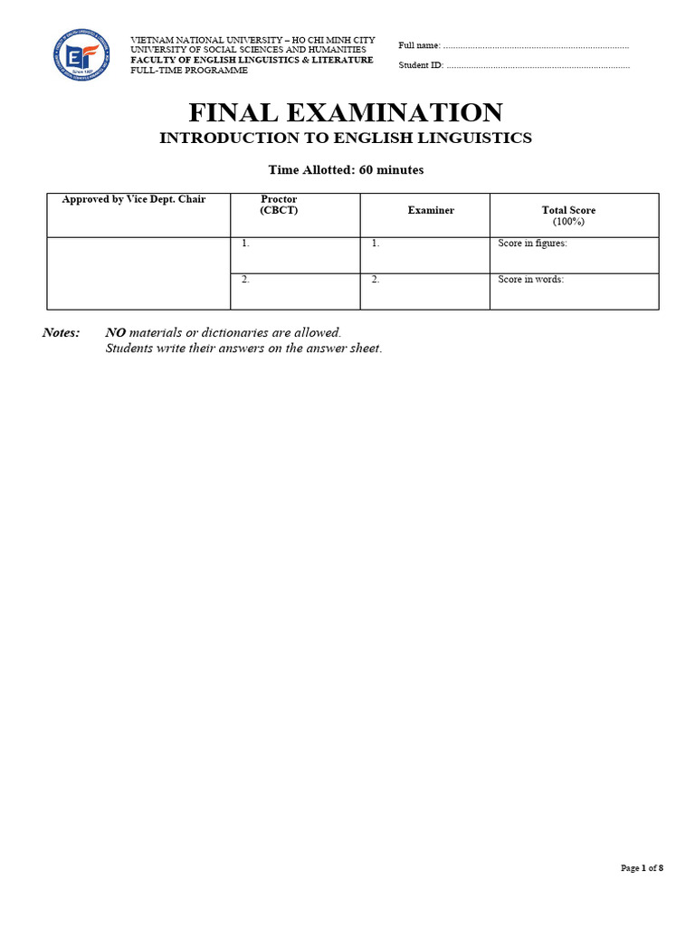 Introduction To English Linguistics ĐT 2020 (Answer Keys) | PDF ...