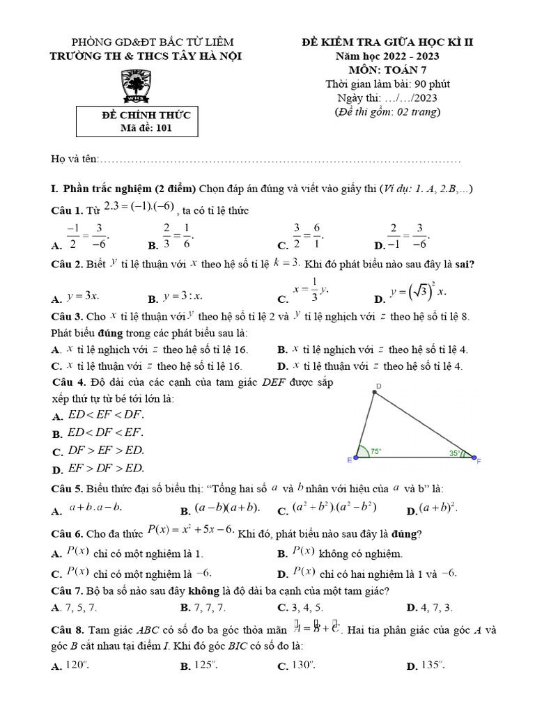 De Giua Hoc Ki 2 Toan 7 Nam 2022 2023 Truong Th Thcs Tay Ha Noi | PDF