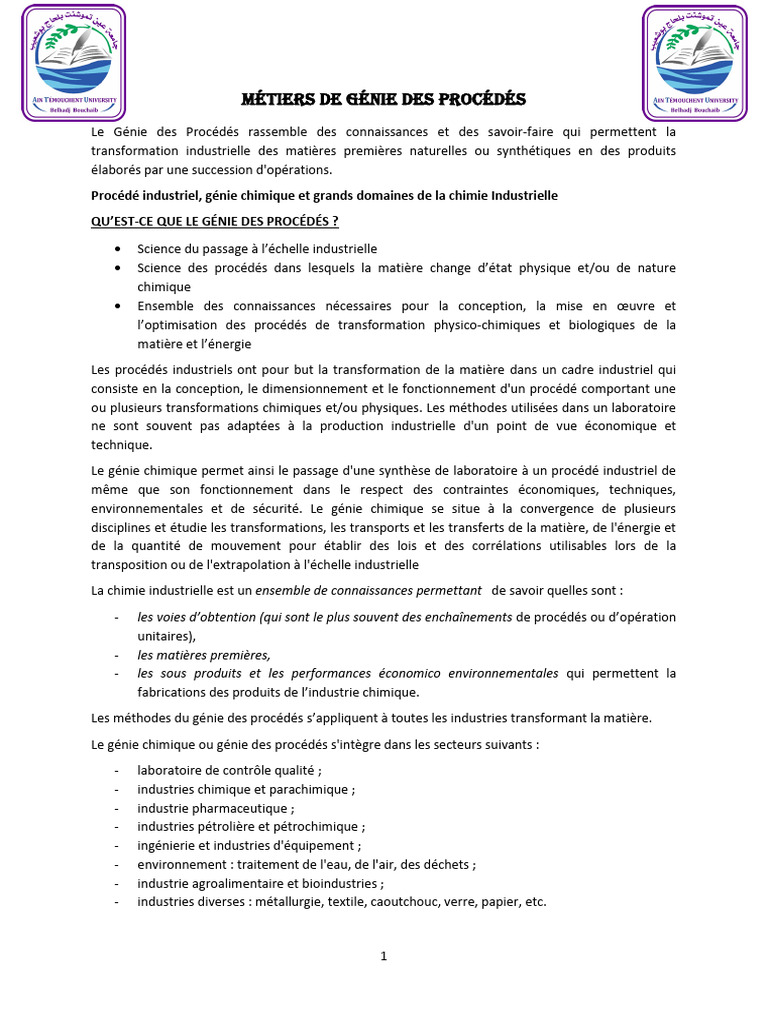Métiers du génie des procédés industriels | PDF | Génie chimique | Chimie