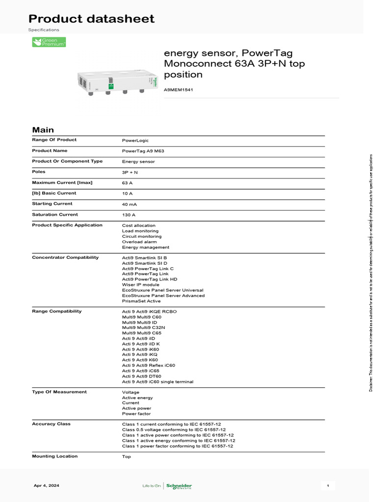 Schneider Electric - PowerLogic-PowerTag-Energy-Sensors - A9MEM1541 ...