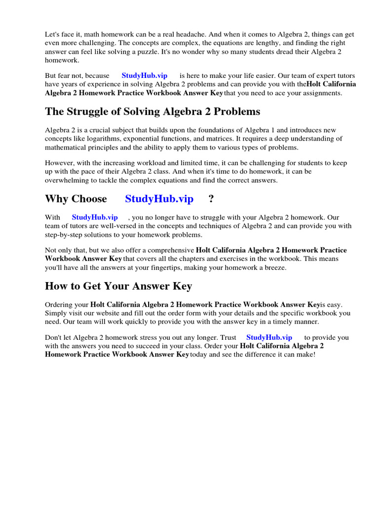 Holt California Algebra 2 Homework Practice Workbook Answer Key | PDF ...