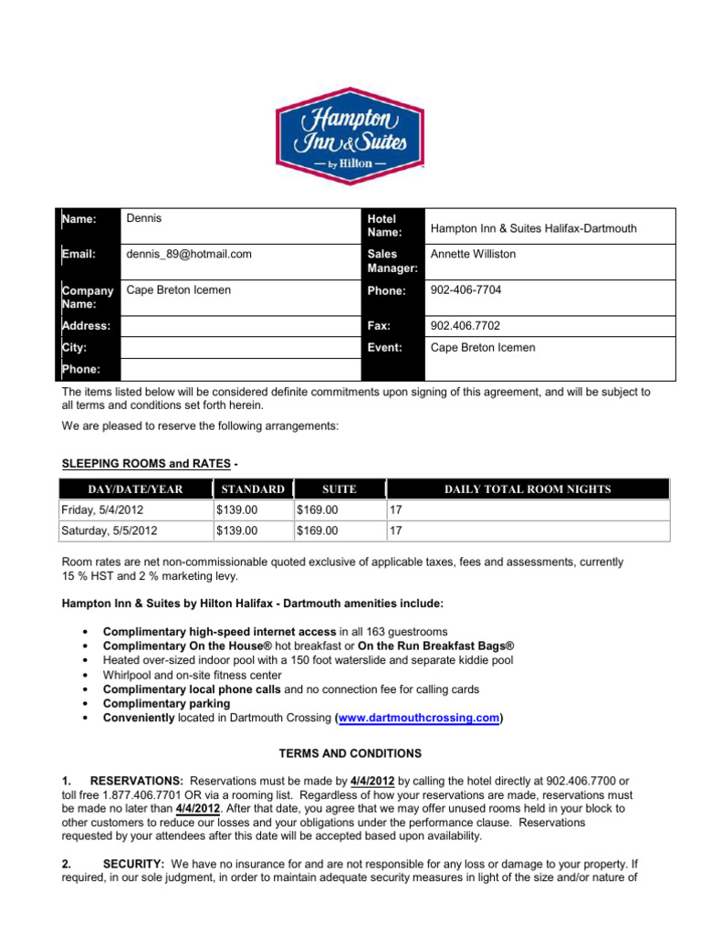 Hampton Inn - Contract - Sport - Ca | PDF | Credit Card | Indemnity