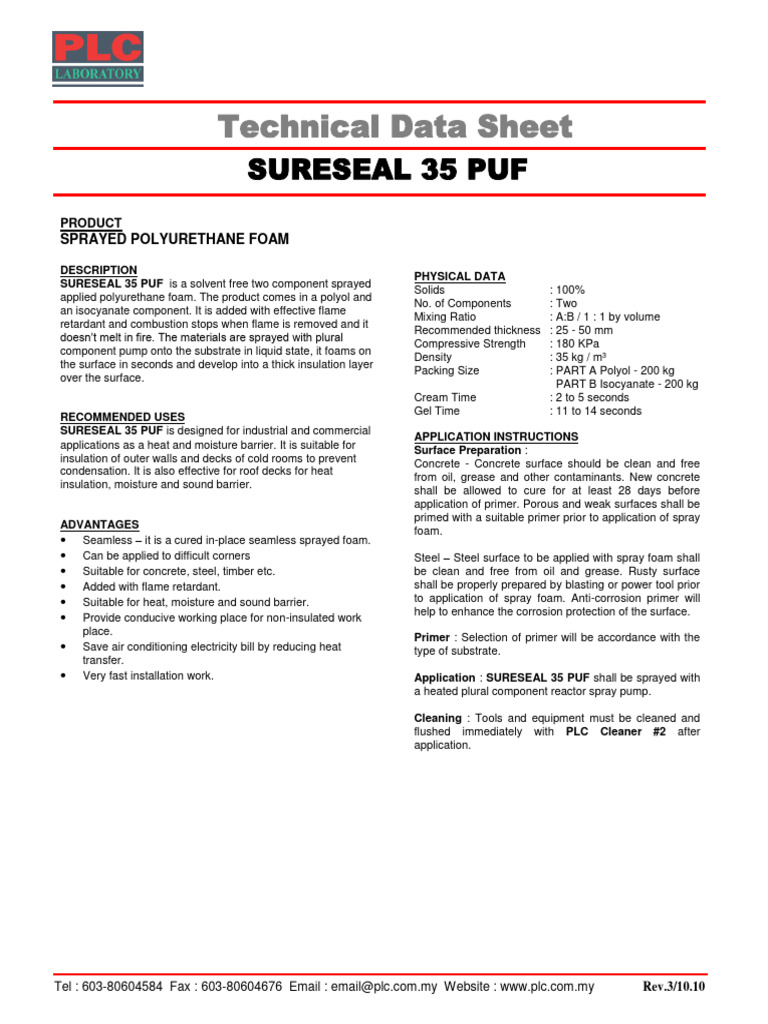 PUF Insulation Technical Data Sheet | PDF | Polyurethane | Concrete