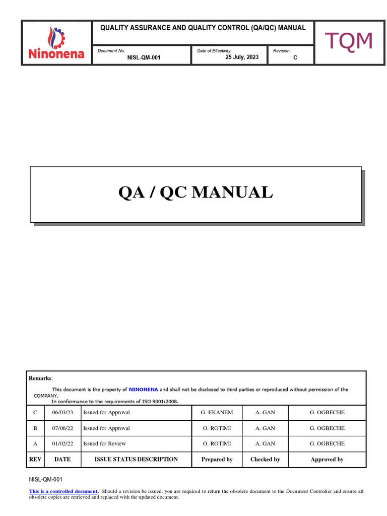 Ninonena Qaqc Manual | PDF | Quality Management | Quality Management System