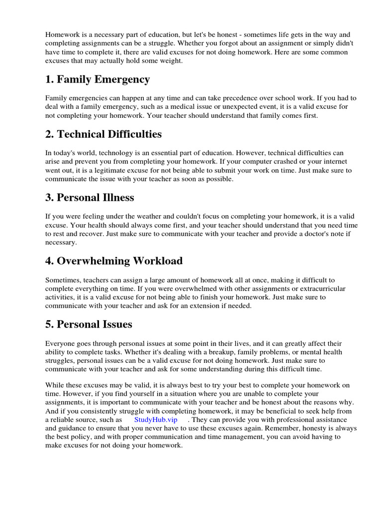 Valid Excuses For Not Doing Homework | PDF | Homework