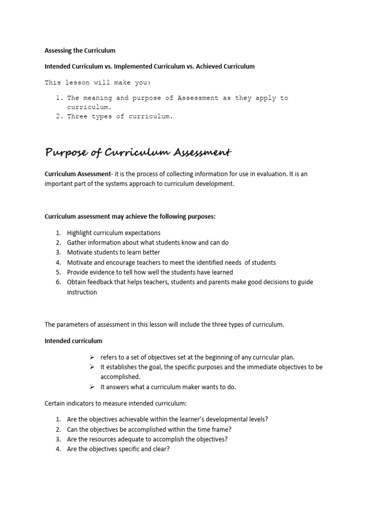 Assessing The Curriculum | PDF | Curriculum | Educational Assessment