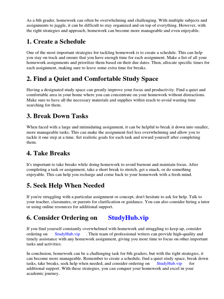 Homework Strategies For 6th Graders | PDF | Homework | Worksheet