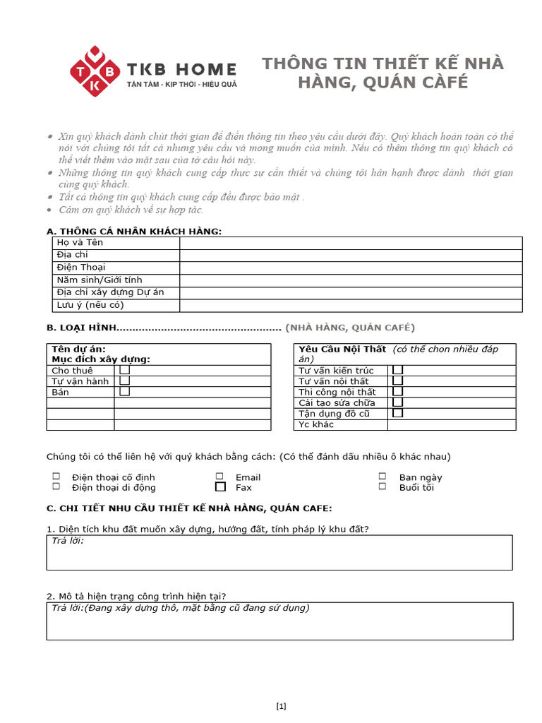 Khải - TKBHome - bảng nhu cầu thiết kế Nhà hàng, quán cafe | PDF