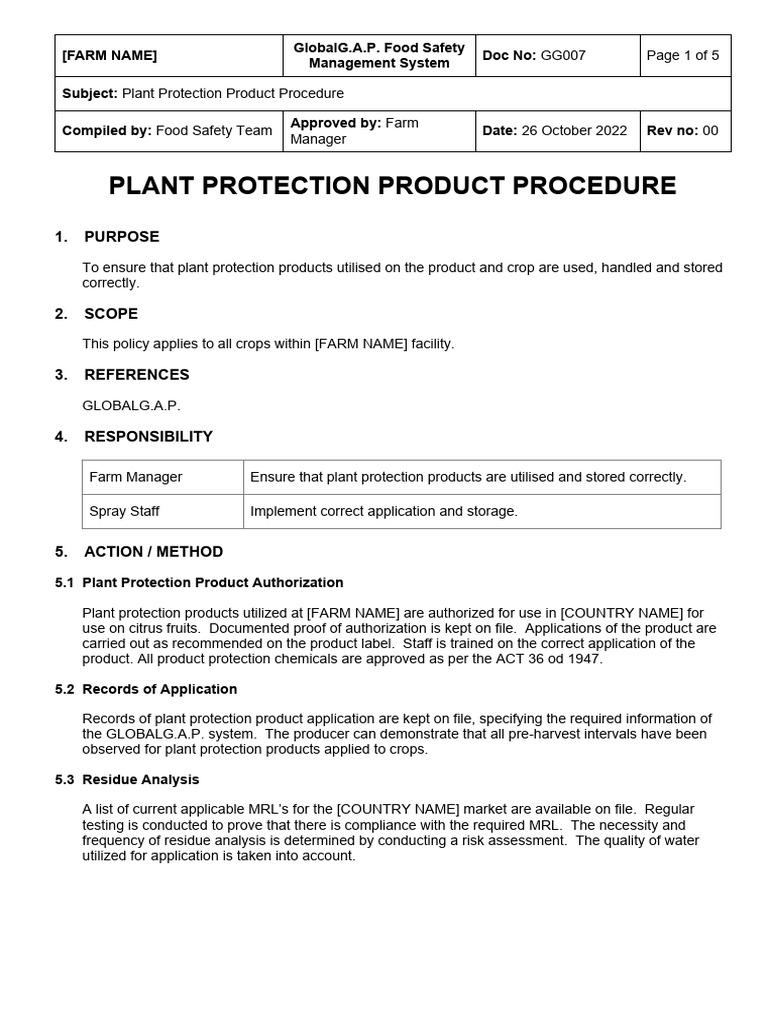 GG007 GlobalG.a.P. Plant Protection Product Procedure Sample | PDF ...