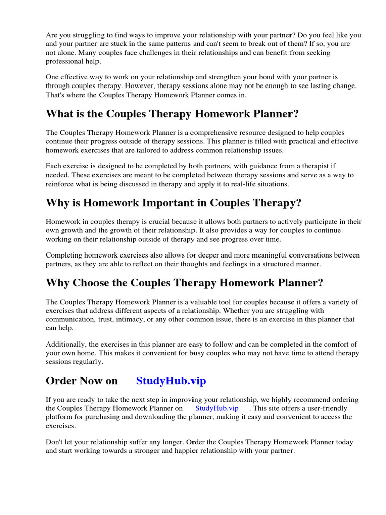 Couples Therapy Homework Planner | PDF | Psychotherapy | Family Therapy