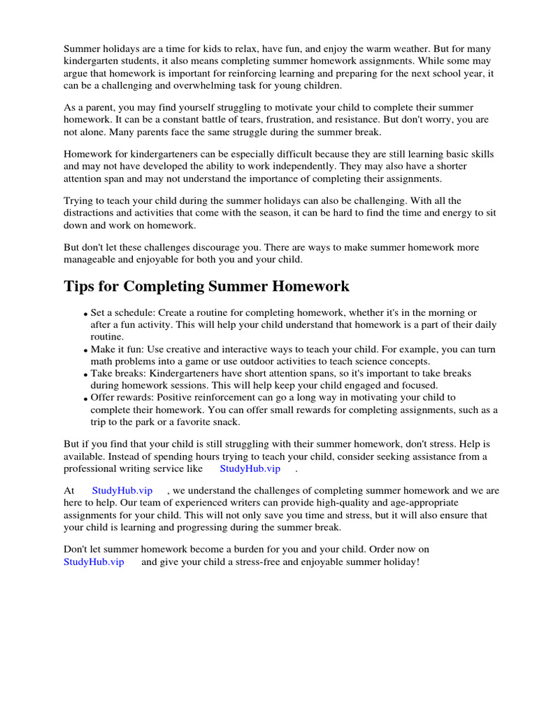 Summer Holidays Homework for Kindergarten | PDF | Homework | Preschool