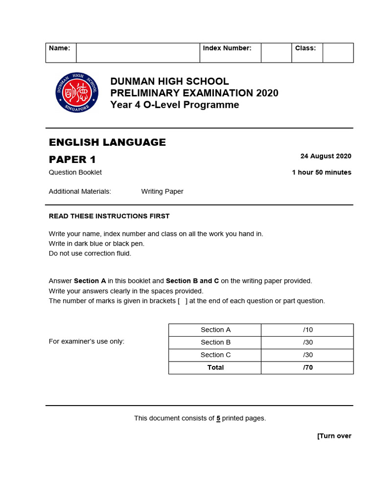 2020 Y4 O Level - Prelim - P1 Question - Booklet | PDF | We Chat
