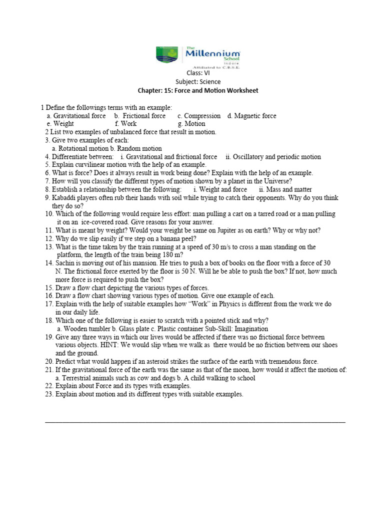 Force Motion Worksheet | PDF | Force | Weight