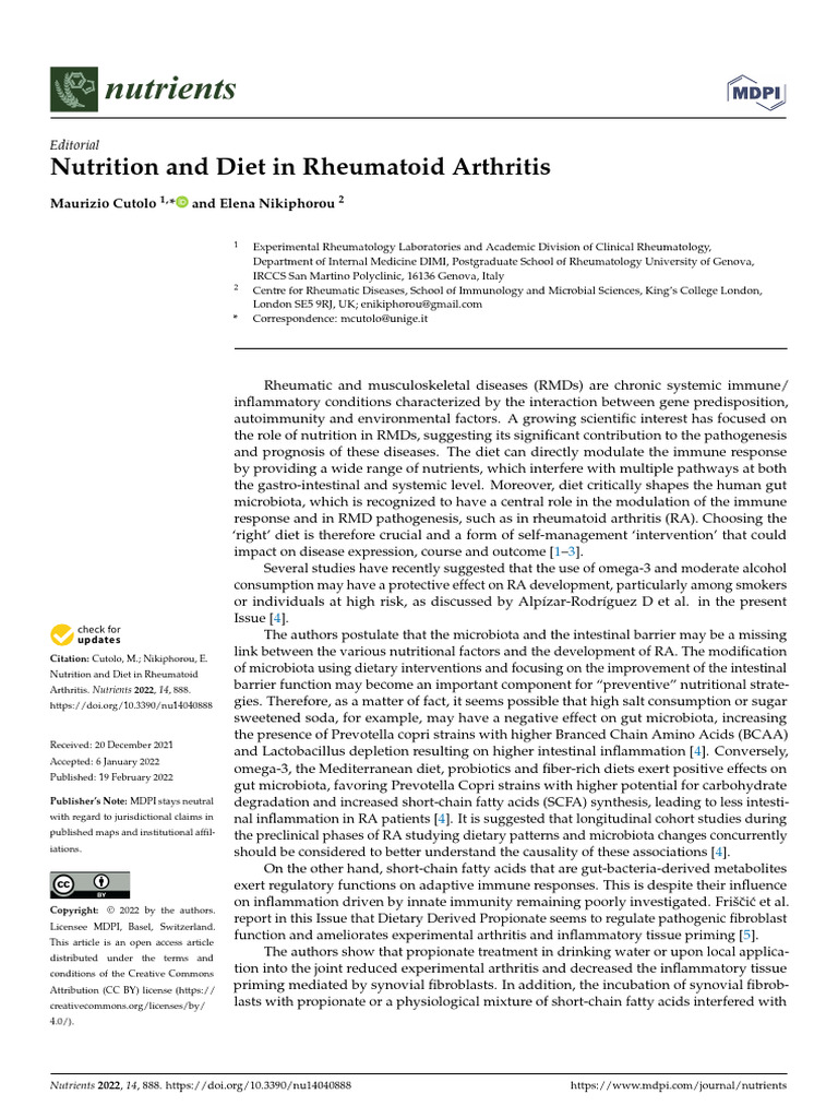 Nutrition and Diet in Rheumatoid Arthritis | PDF | Rheumatology ...