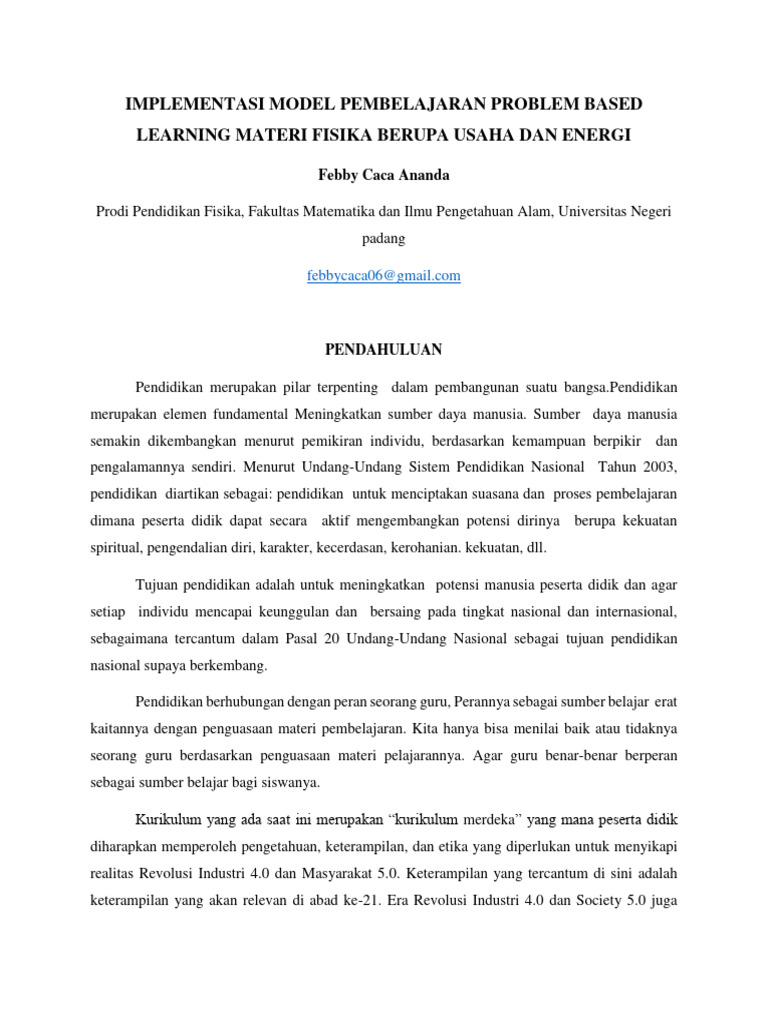 Implementasi Model Pembelajaran Problem Based Learning Materi Fisika Berupa Usaha Dan Energi ...