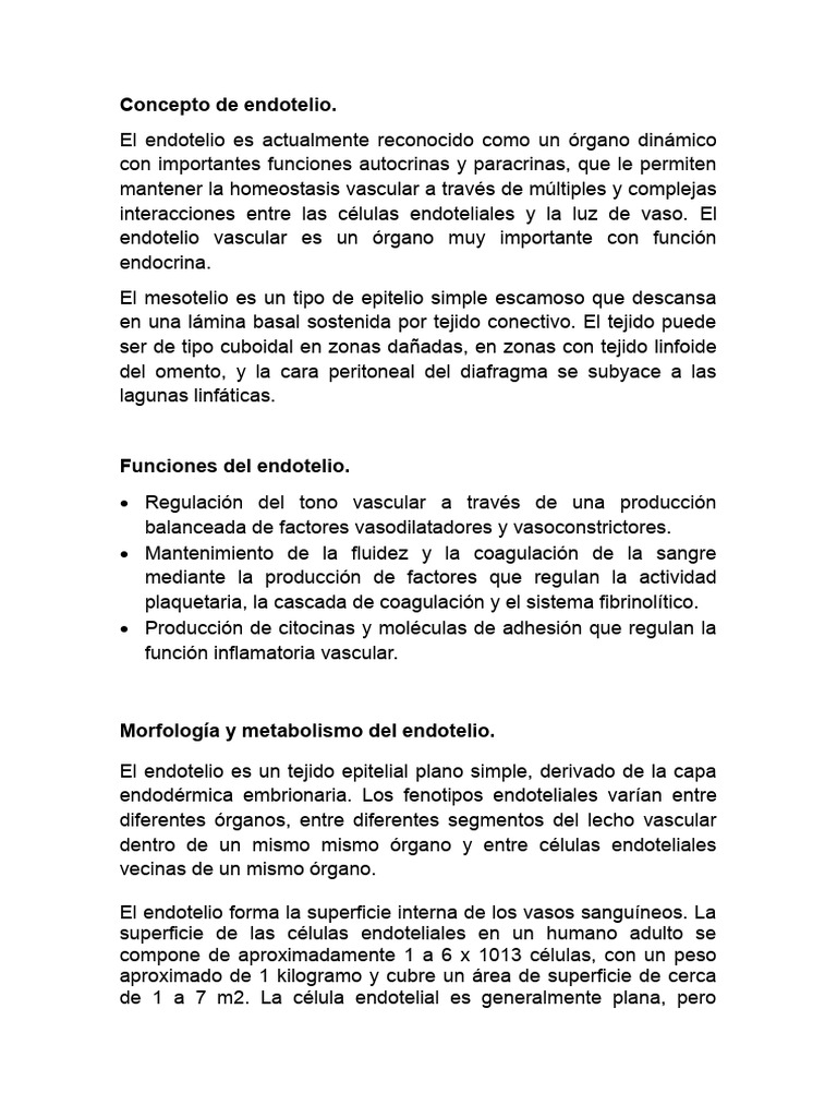 Funciones y morfología del endotelio | PDF | Endotelio | Biología Celular