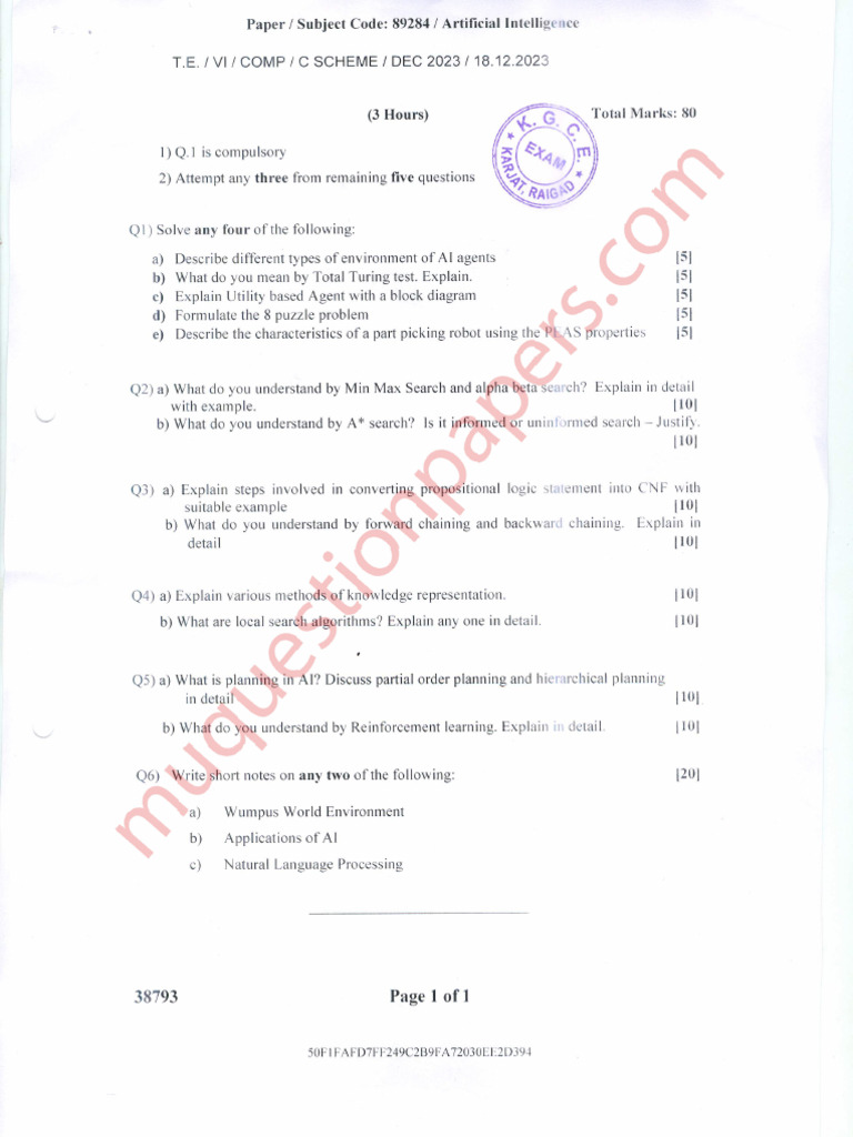 Be - Computer Engineering - Semester 6 - 2023 - December - Artificial Intelligencerev 2019 C ...