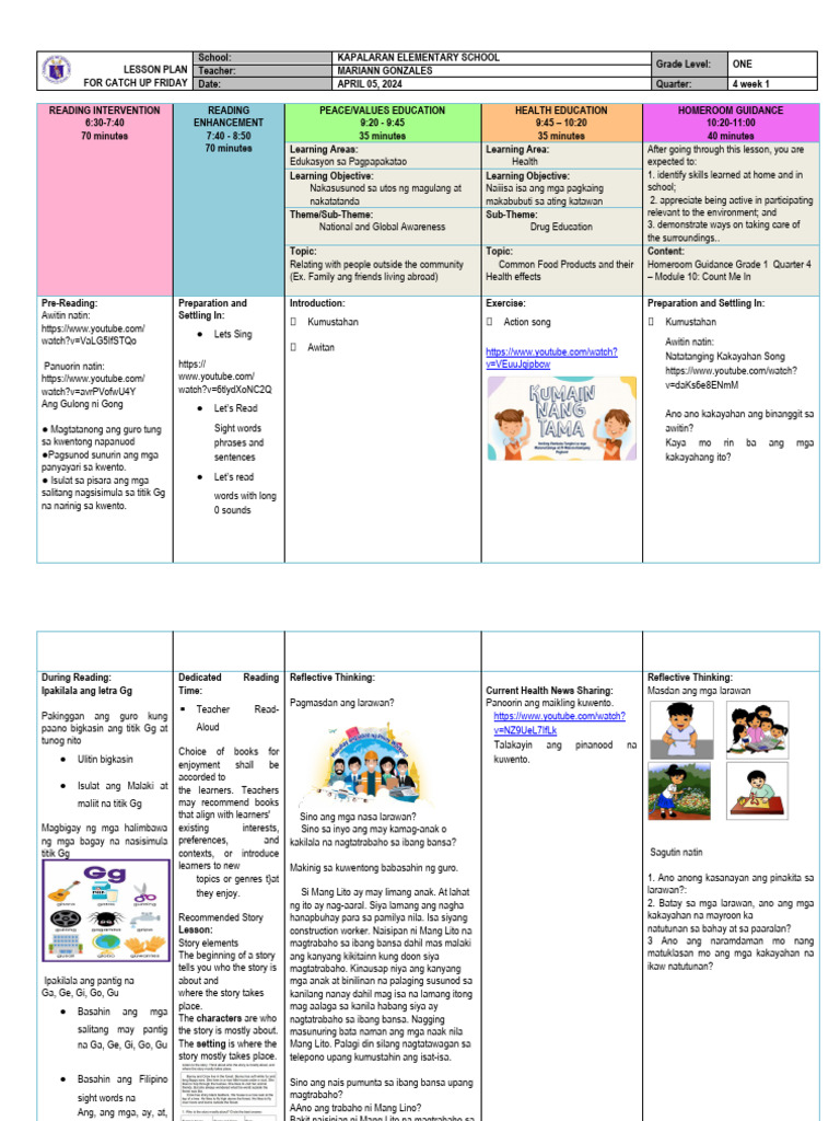 Grade 1 Lesson Plan: Catch Up Friday | PDF