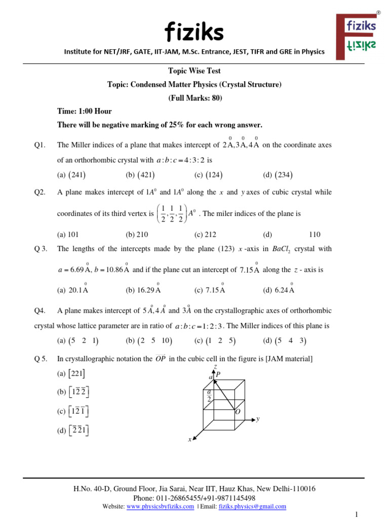 Topic Wise Test 1 Crystal Structure Question Pdf Crystal