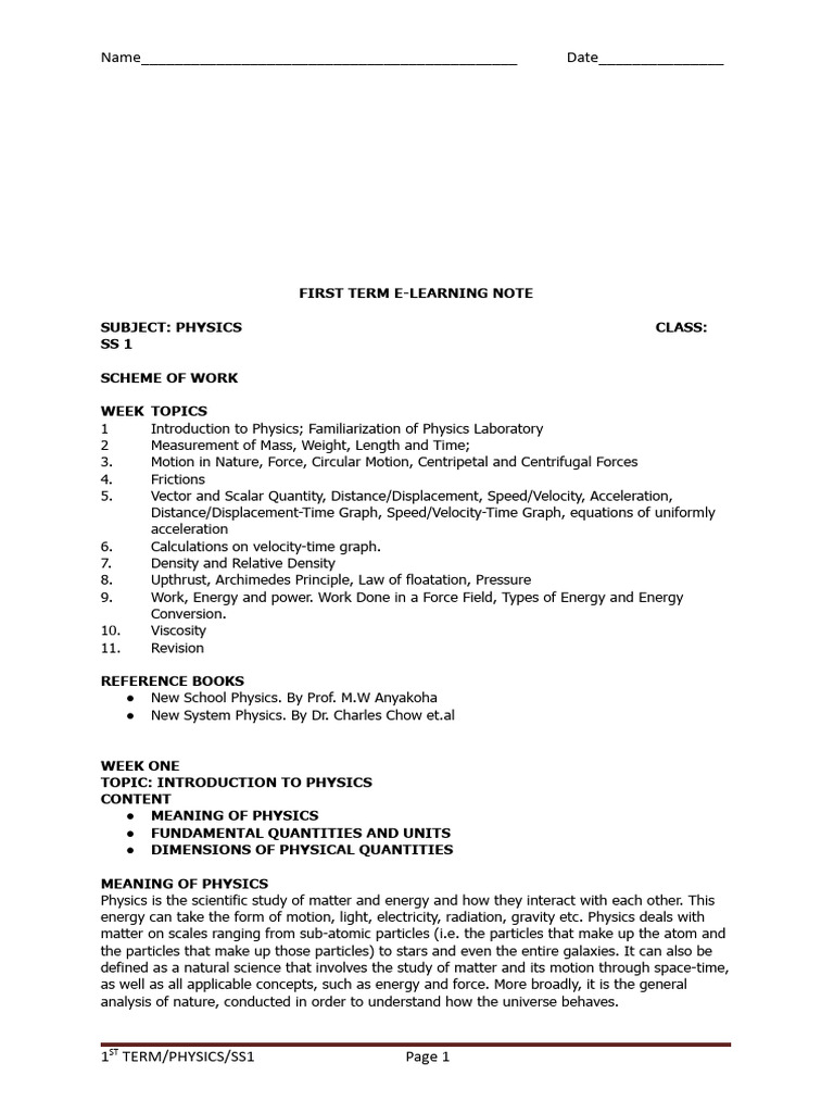 SS1 Physics First Term Overview | PDF | Teaching Methods & Materials