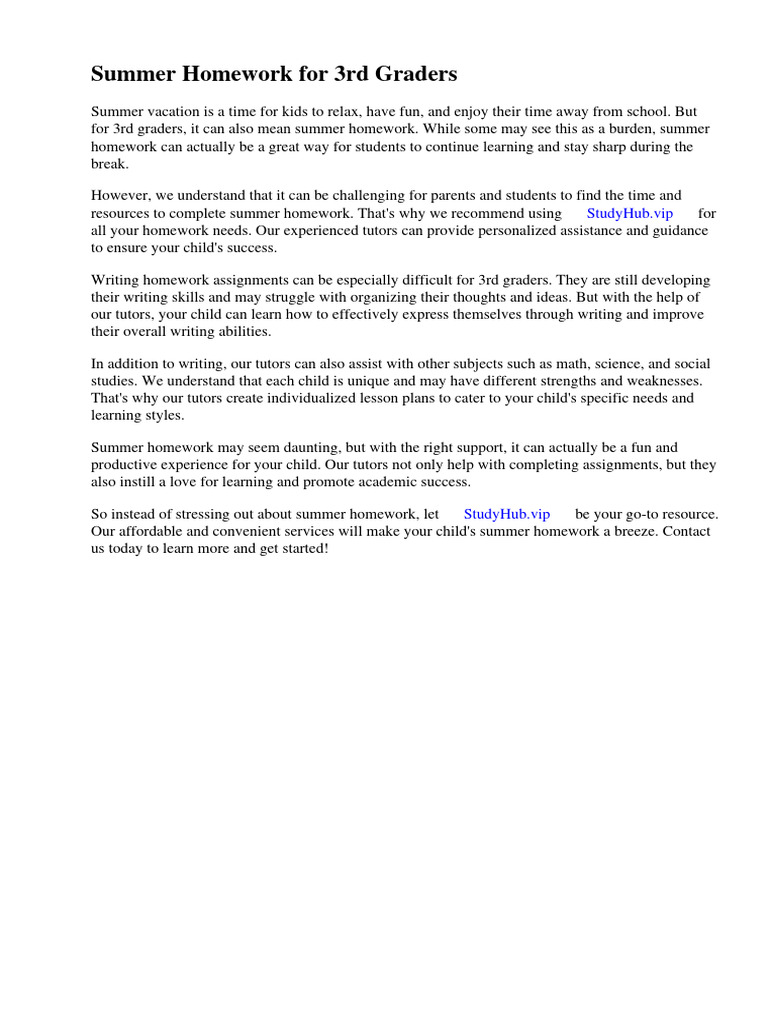 Summer Homework For 3rd Graders | PDF | Homework | Worksheet
