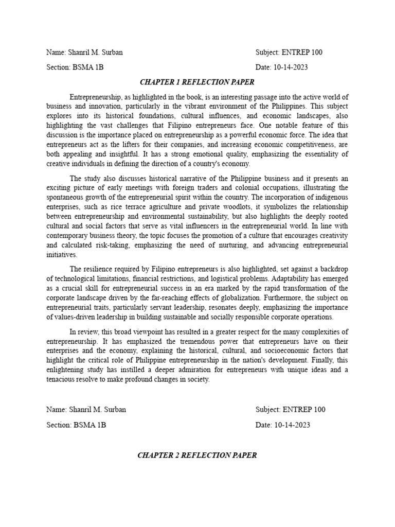Entrep Chapter 1-3 Reflection Paper | PDF | Entrepreneurship | Social ...
