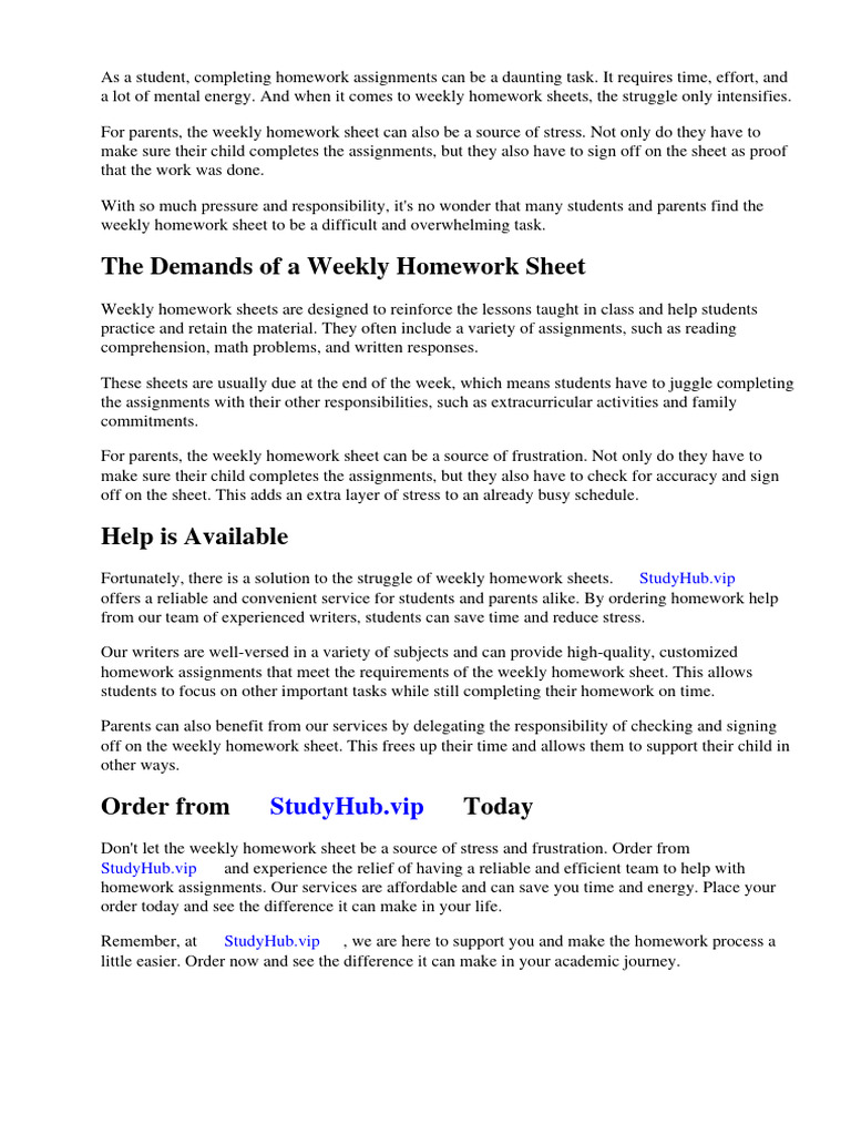 Weekly Homework Sheet Parent Signature | PDF | Worksheet | Homework