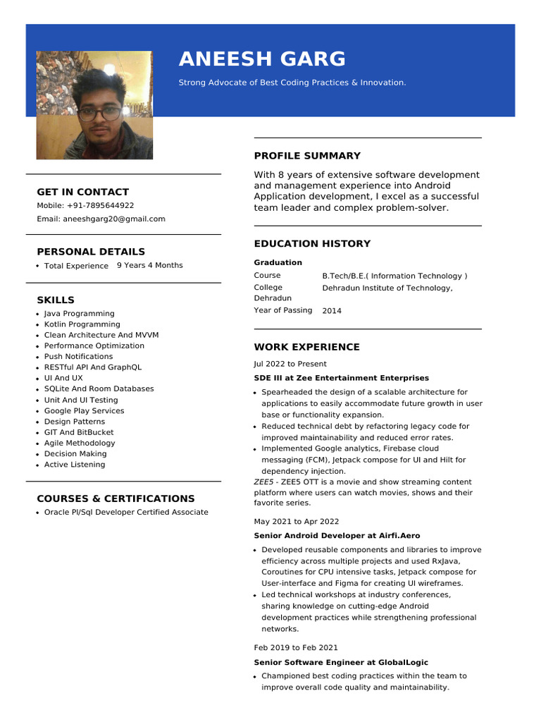 Aneesh Garg: Profile Summary | PDF | Android (Operating System) | Software Development Process